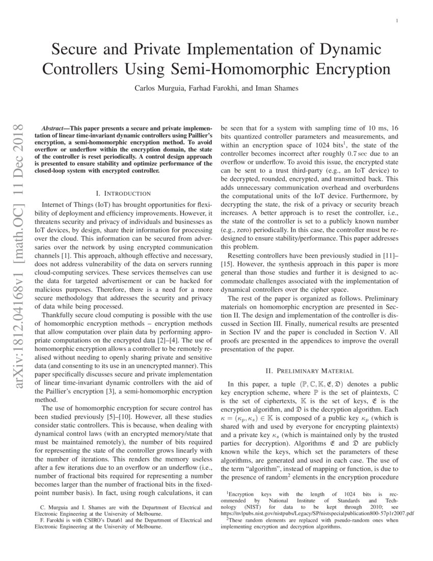 Secure and Private Implementation of Dynamic Controllers Using Semi-Homomorphic Encryption | DeepAI