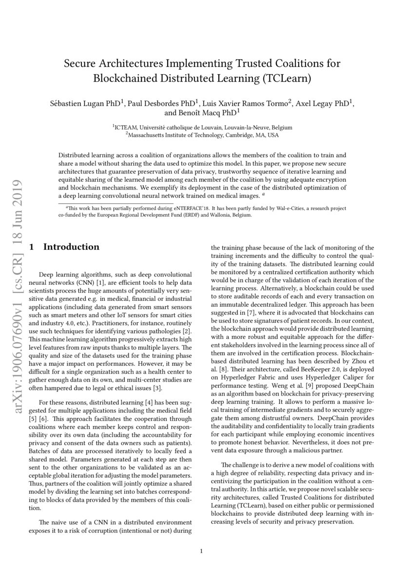 Secure Architectures Implementing Trusted Coalitions For Blockchained Distributed Learning