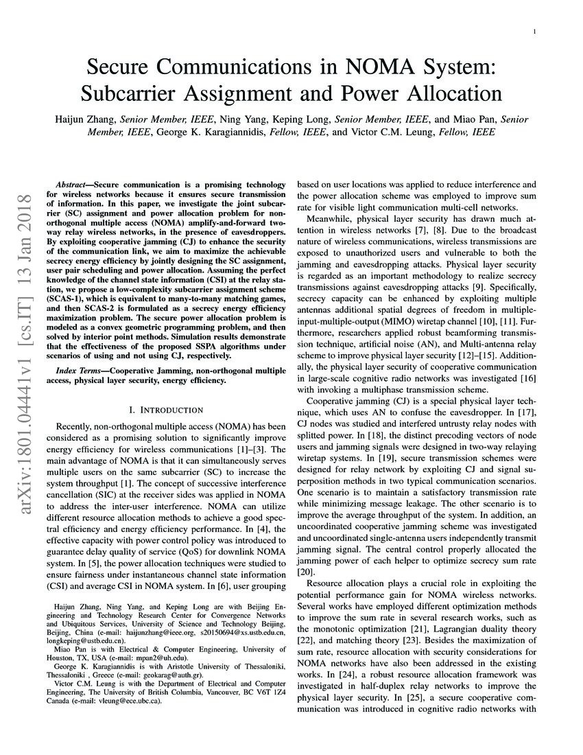 Secure Communications In Noma System Subcarrier Assignment And Power Allocation Deepai