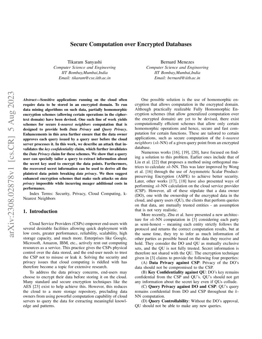 Secure Computation Over Encrypted Databases Deepai