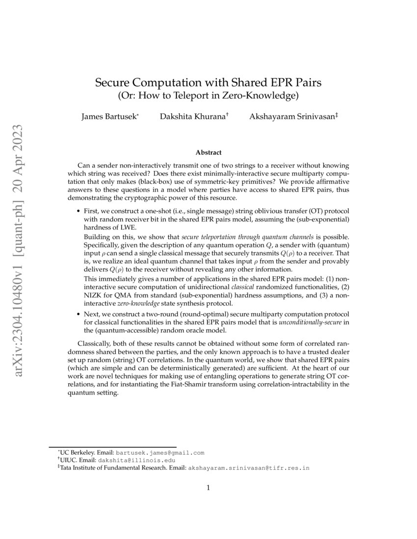Secure Computation with Shared EPR Pairs (Or: How to Teleport in Zero-Knowledge) | DeepAI