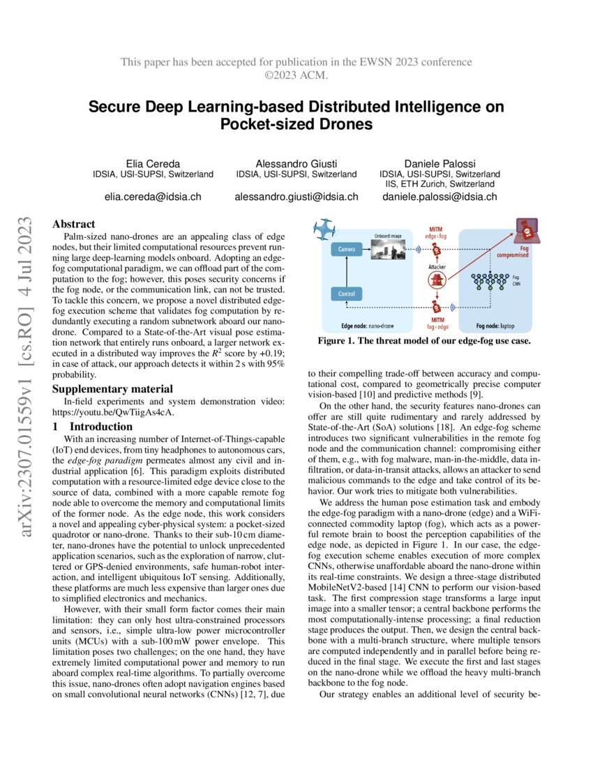 Secure Deep Learning-based Distributed Intelligence on Pocket-sized Drones | DeepAI