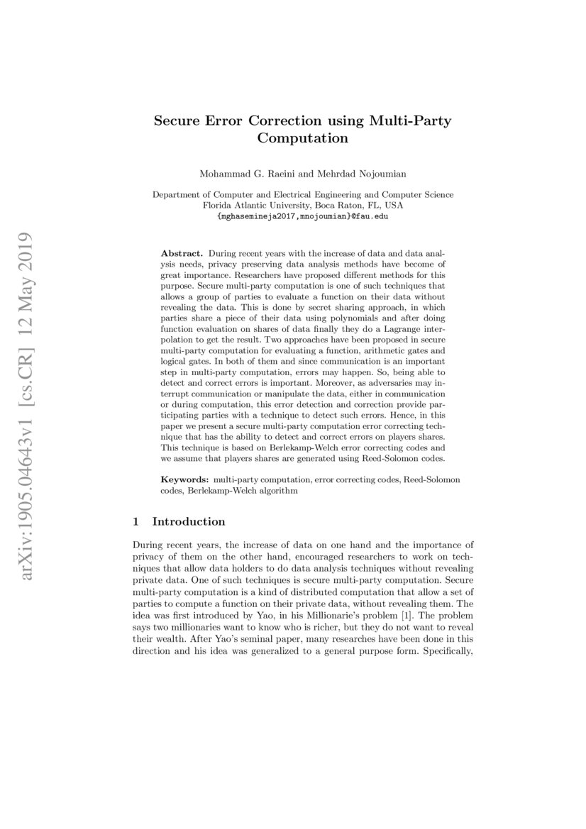 Secure Error Correction using Multi-Party Computation | DeepAI