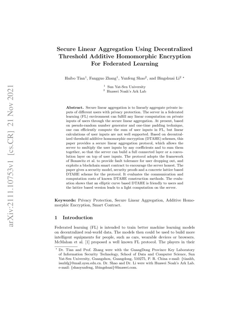 Secure Linear Aggregation Using Decentralized Threshold Additive