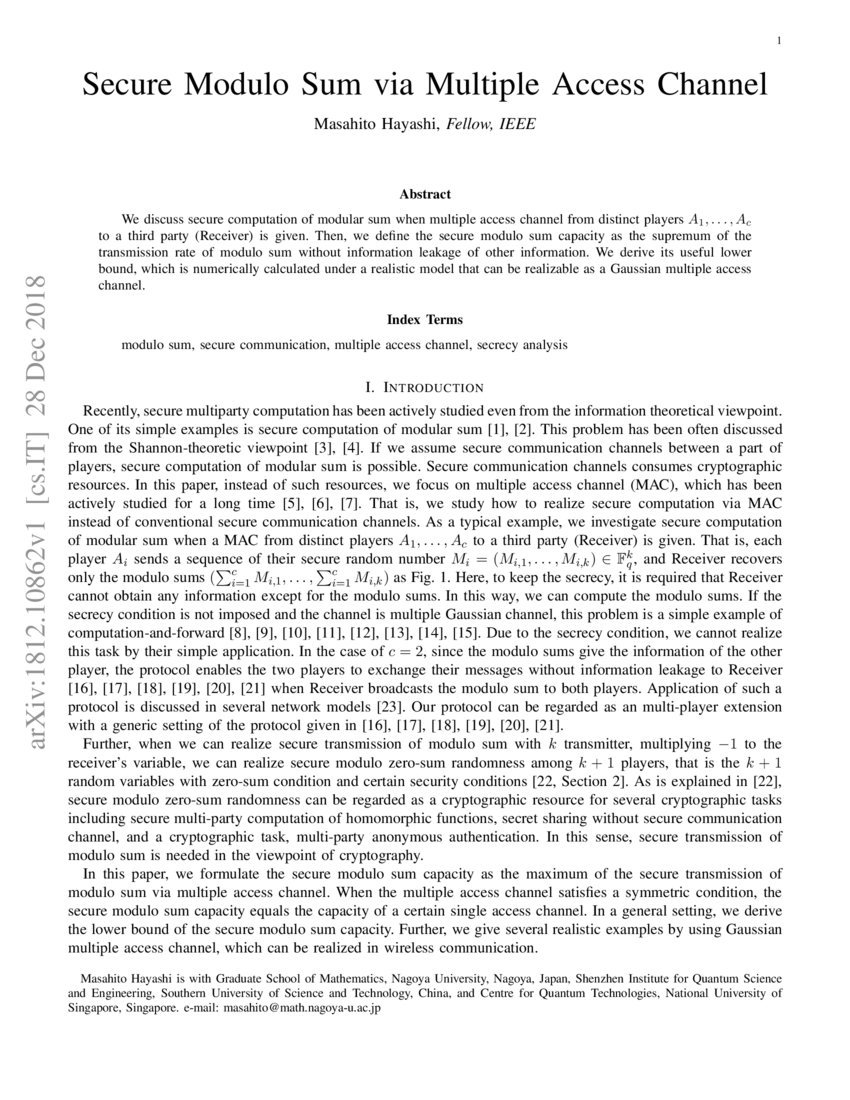 Secure Modulo Sum via Multiple Access Channel | DeepAI