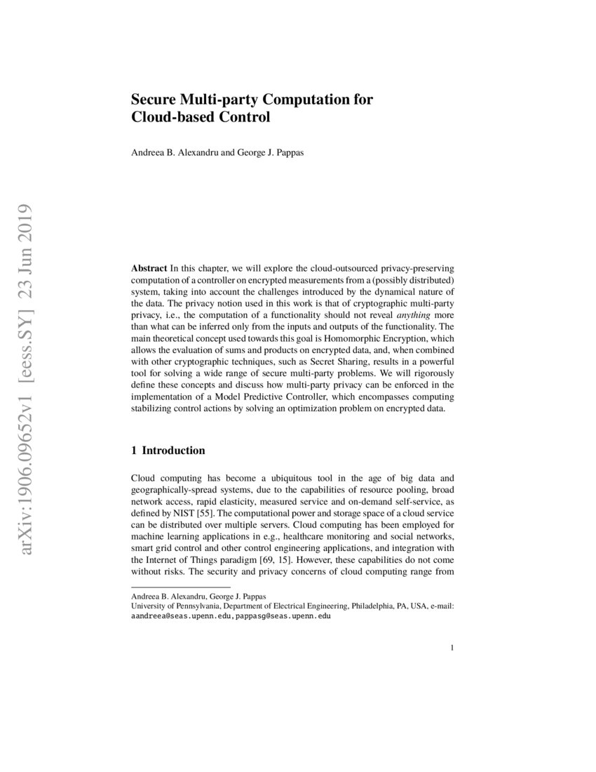 Secure Multi-party Computation for Cloud-based Control | DeepAI