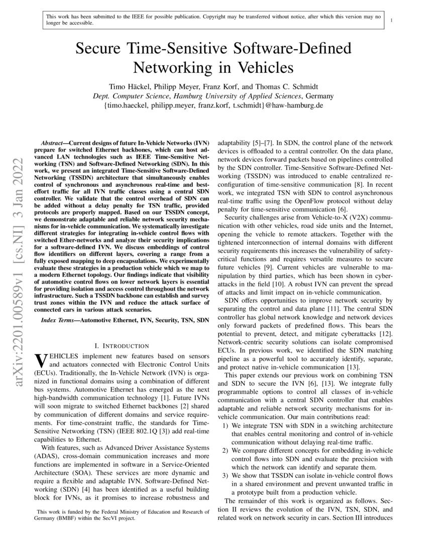 Secure Time-Sensitive Software-Defined Networking in Vehicles | DeepAI