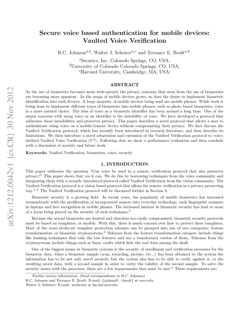 Secure voice based authentication for mobile devices: Vaulted Voice ...
