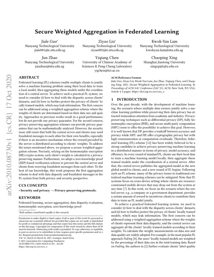 Secure Weighted Aggregation in Federated Learning | DeepAI