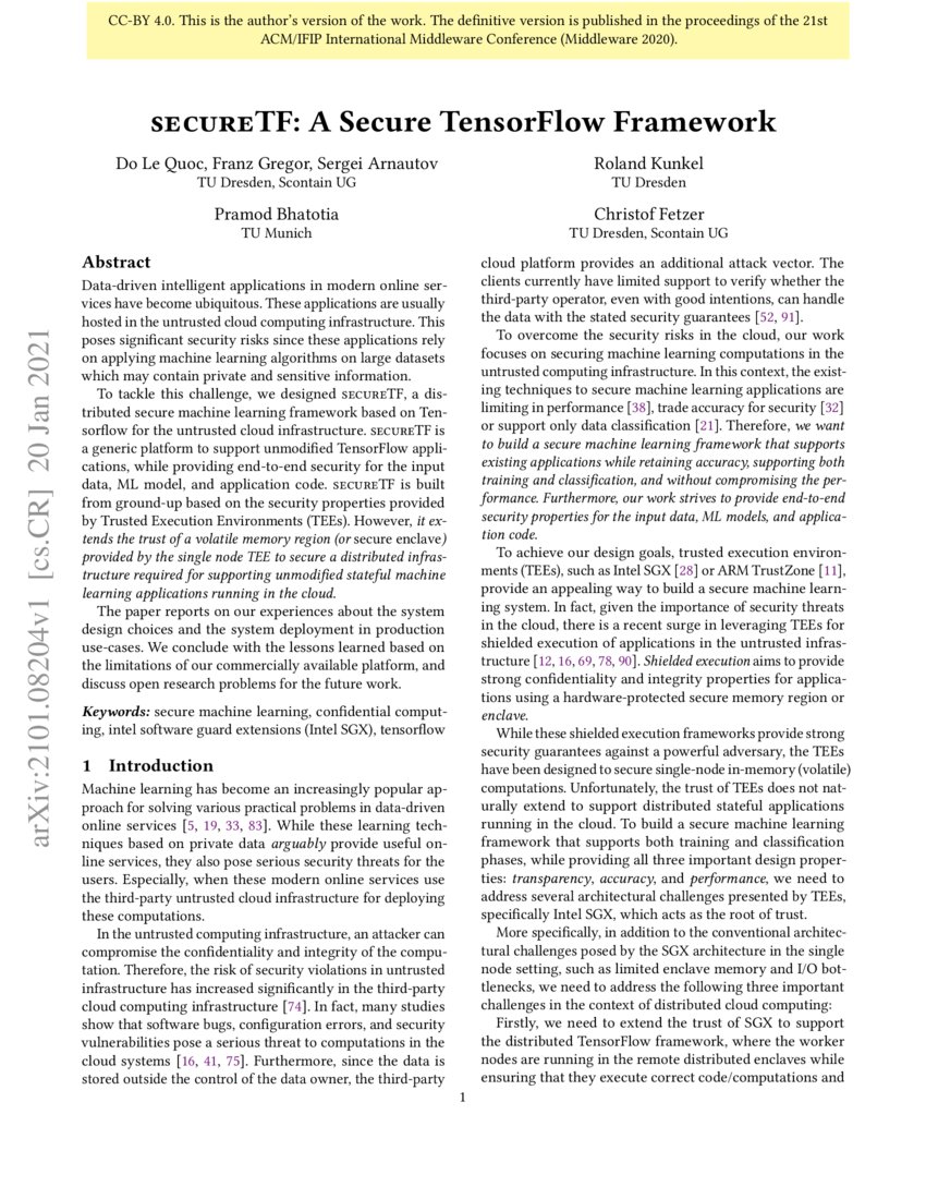 secureTF: A Secure TensorFlow Framework | DeepAI