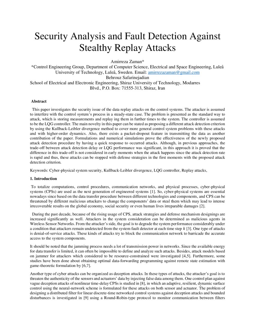 Security Analysis And Fault Detection Against Stealthy Replay Attacks Deepai