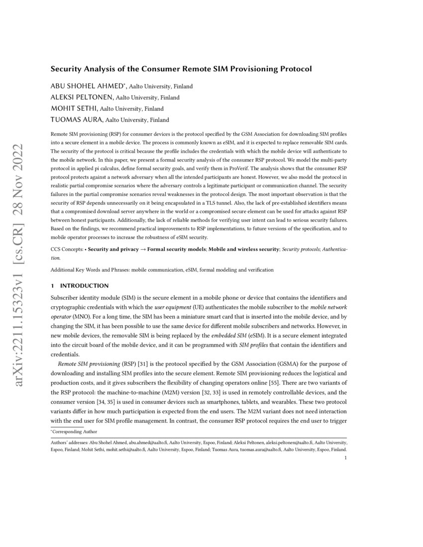 Security Analysis Of The Consumer Remote Sim Provisioning Protocol Deepai