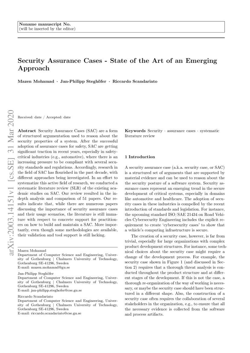Security Assurance Cases – State of the Art of an Emerging Approach ...