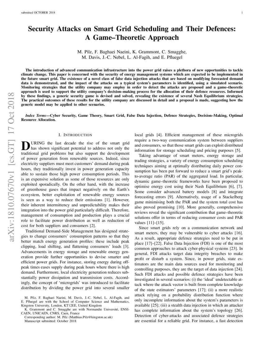 Security Attacks On Smart Grid Scheduling And Their Defences A Game Theoretic Approach Deepai