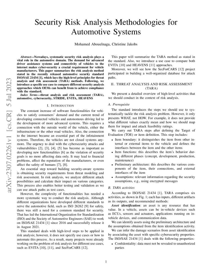 Security Risk Analysis Methodologies For Automotive Systems DeepAI Security Risk Analysis Methodologies For Automotive Systems DeepAI