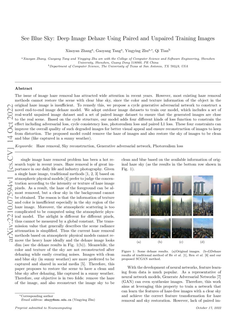 See Blue Sky: Deep Image Dehaze Using Paired and Unpaired Training Images | DeepAI