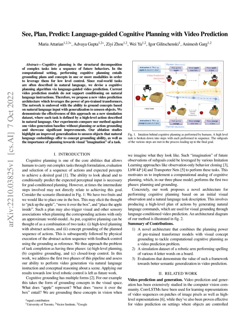 See Plan Predict Language Guided Cognitive Planning With Video Prediction Deepai