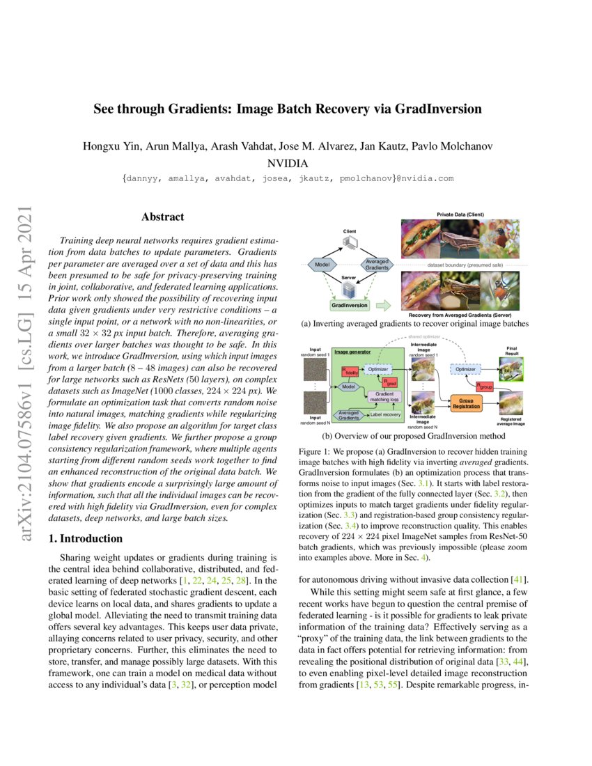 See through Gradients: Image Batch Recovery via GradInversion | DeepAI