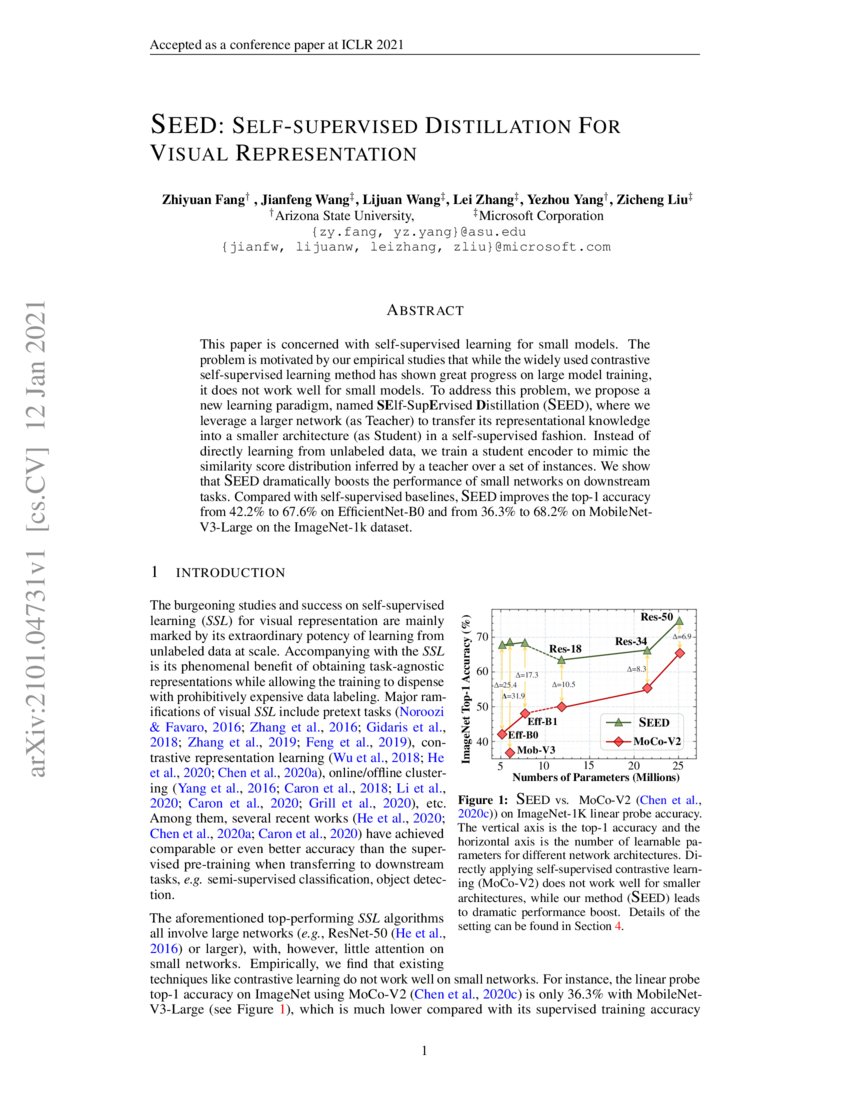 SEED: Self-supervised Distillation For Visual Representation | DeepAI