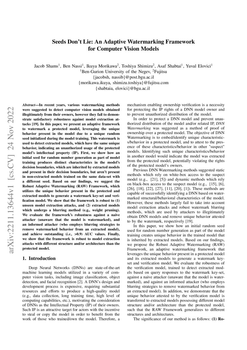 Seeds Don't Lie: An Adaptive Watermarking Framework for Computer Vision ...
