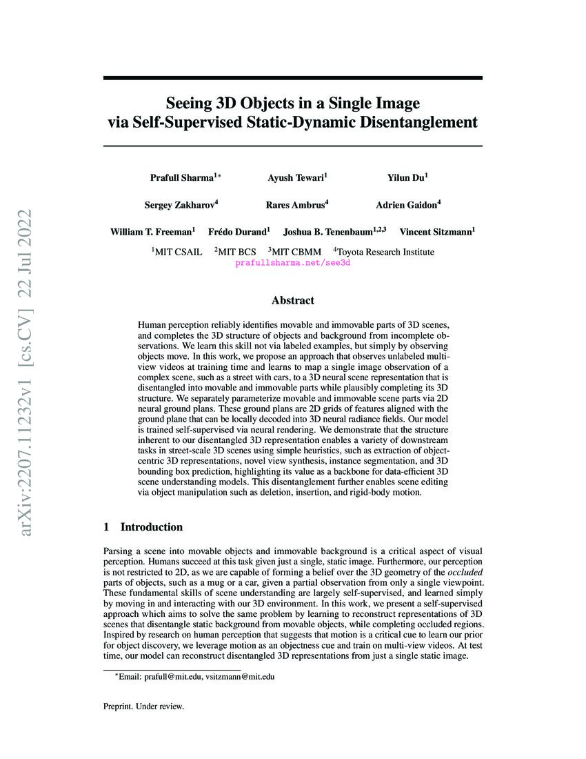 Seeing 3D Objects in a Single Image via Self-Supervised Static-Dynamic Disentanglement | DeepAI