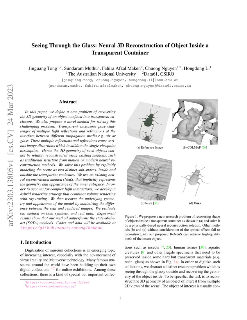 Seeing Through the Glass: Neural 3D Reconstruction of Object Inside a Transparent Container | DeepAI