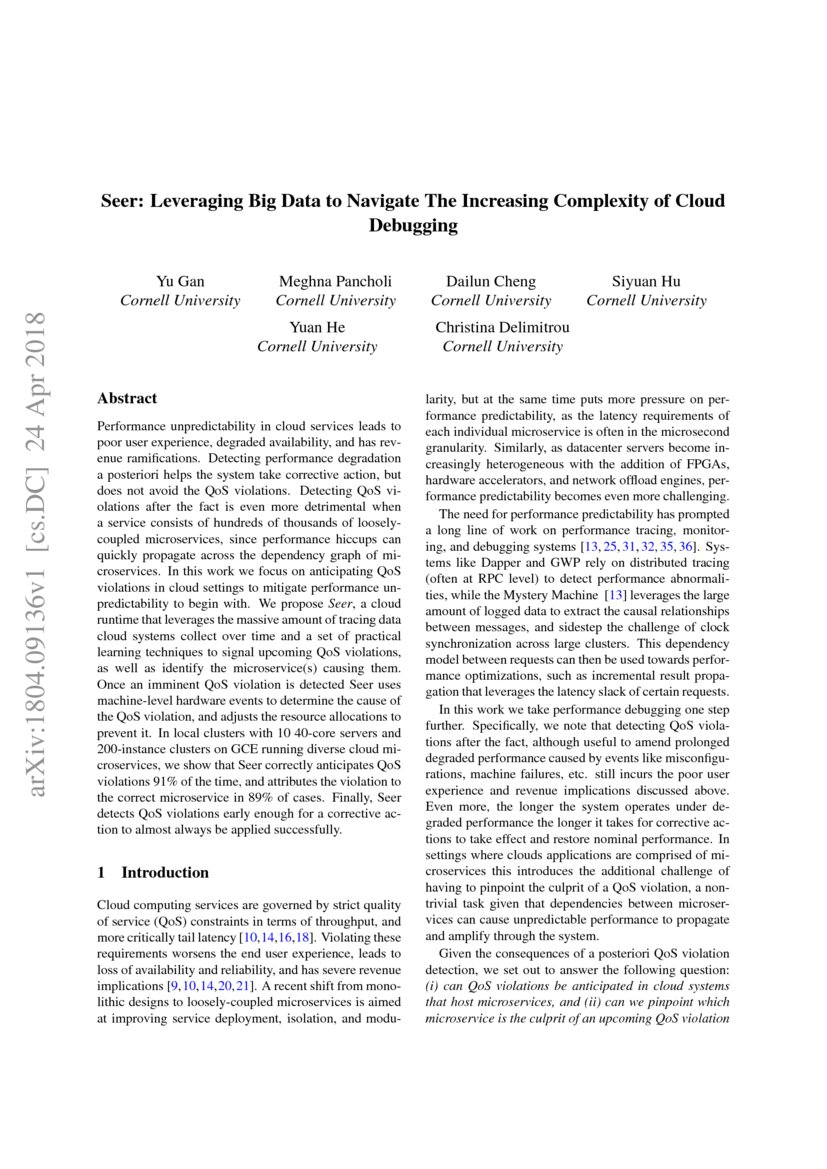 Seer: Leveraging Big Data to Navigate the Increasing Complexity of Cloud Debugging | DeepAI