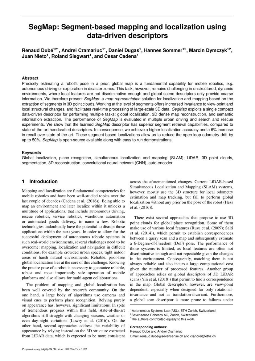 Segmap Segment Based Mapping And Localization Using Data Driven Descriptors Deepai 