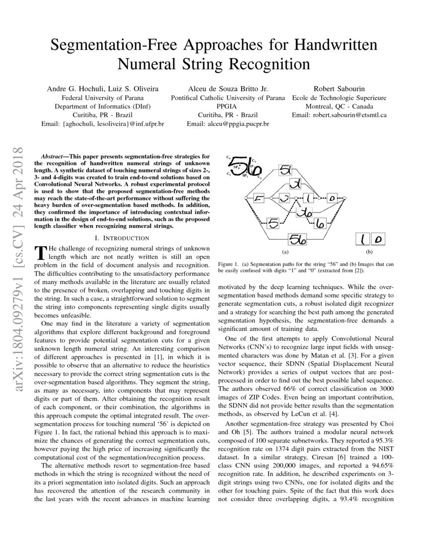Segmentation Free Approaches For Handwritten Numeral String Recognition Deepai