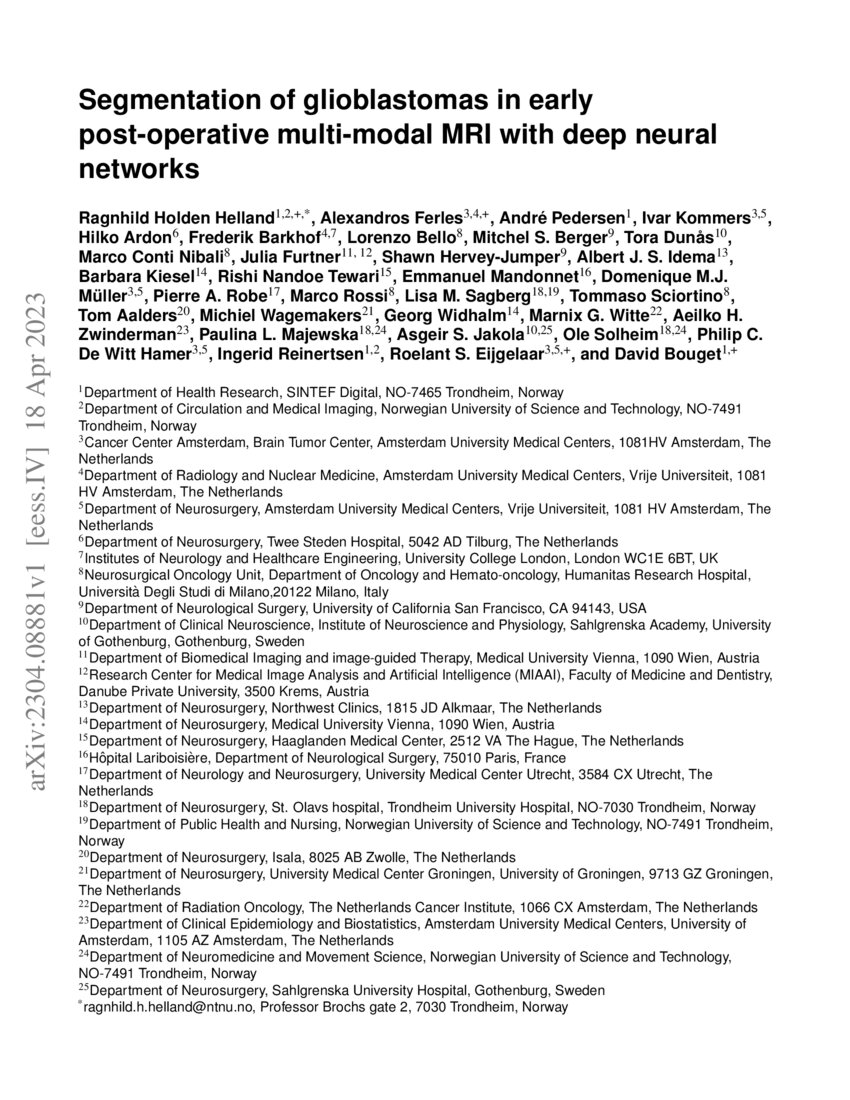 Segmentation of glioblastomas in early post-operative multi-modal MRI with deep neural networks ...