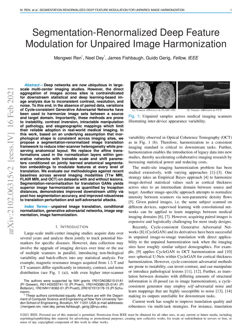 Segmentation-Renormalized Deep Feature Modulation for Unpaired Image Harmonization | DeepAI