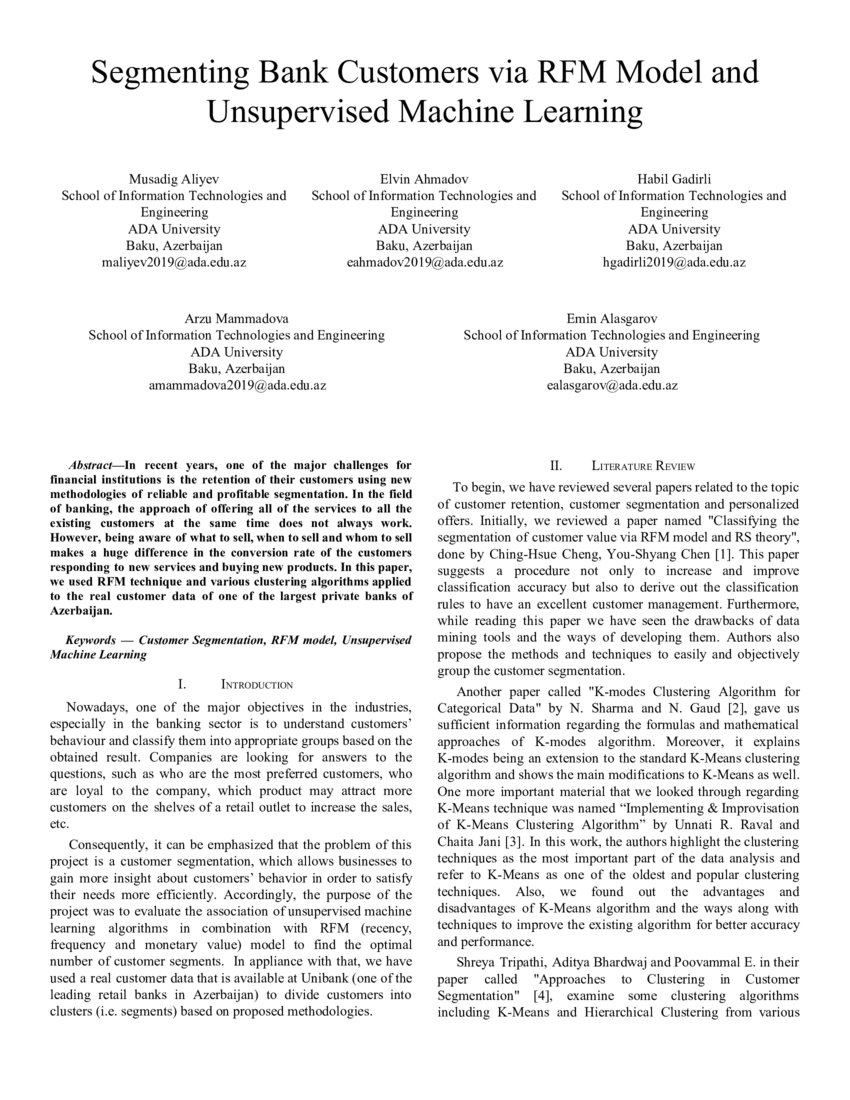 Segmenting Bank Customers Via Rfm Model And Unsupervised Machine