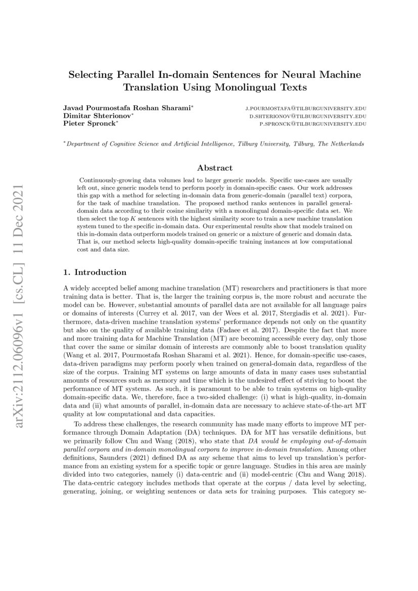 Selecting Parallel In Domain Sentences For Neural Machine Translation Using Monolingual Texts