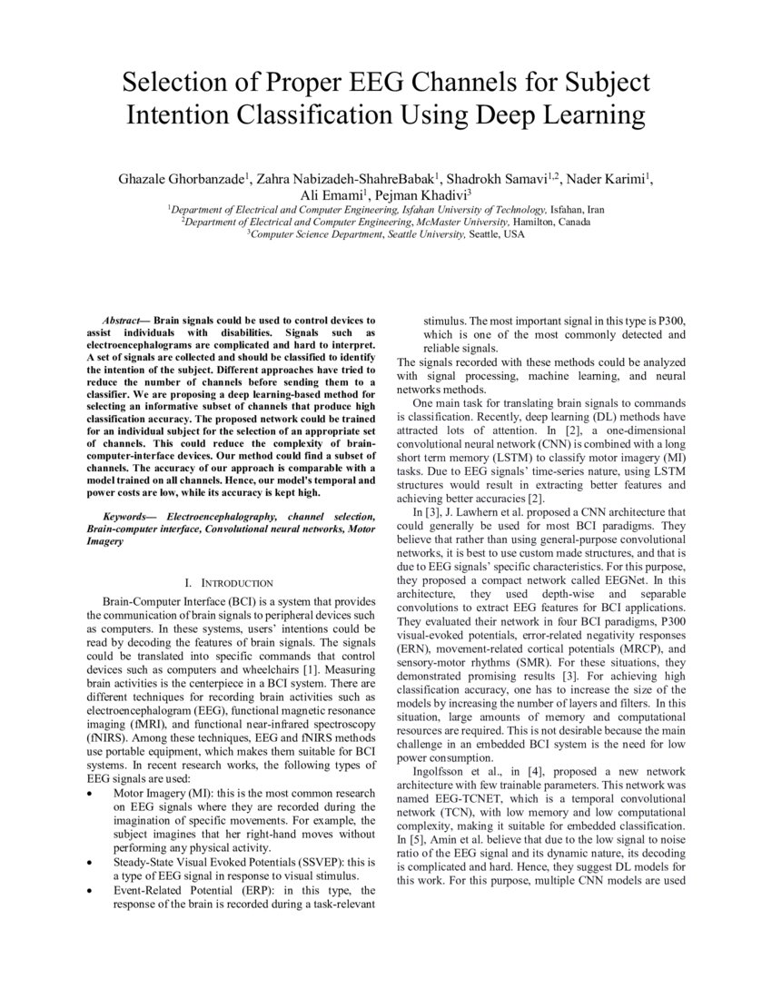 Selection of Proper EEG Channels for Subject Intention Classification Using Deep Learning | DeepAI