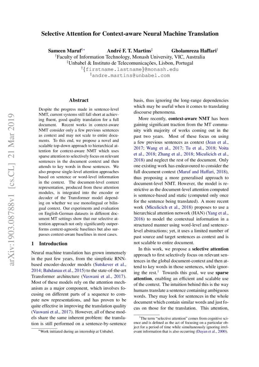 Selective Attention For Context Aware Neural Machine Translation Deepai