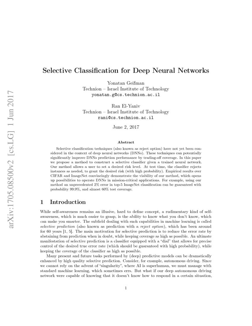 Selective Classification for Deep Neural Networks | DeepAI