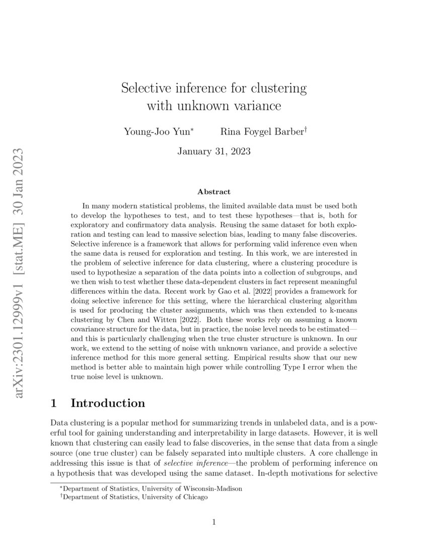 Selective Inference For Clustering With Unknown Variance Deepai 2554