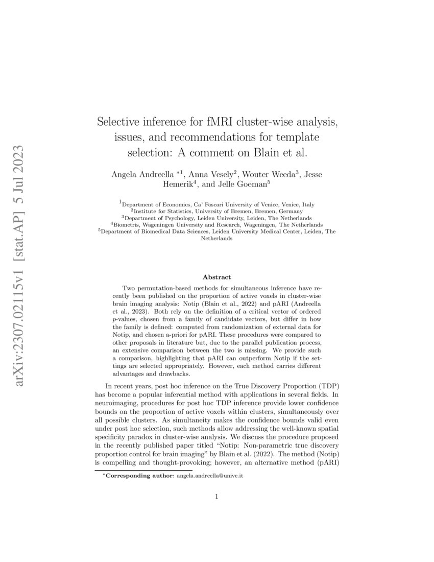Selective Inference For Fmri Cluster Wise Analysis Issues And