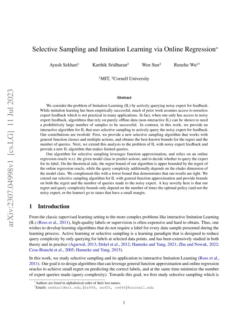 Selective Sampling and Imitation Learning via Online Regression | DeepAI