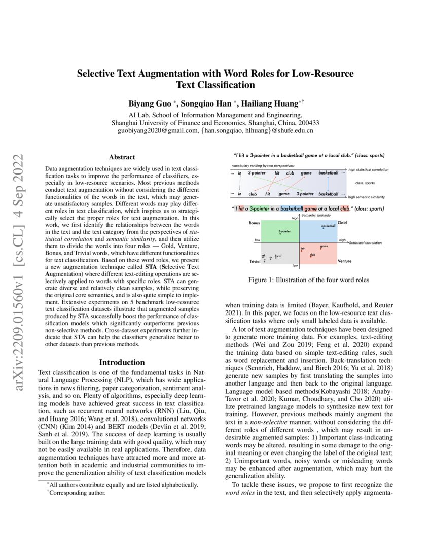 Selective Text Augmentation with Word Roles for Low-Resource Text Classification | DeepAI