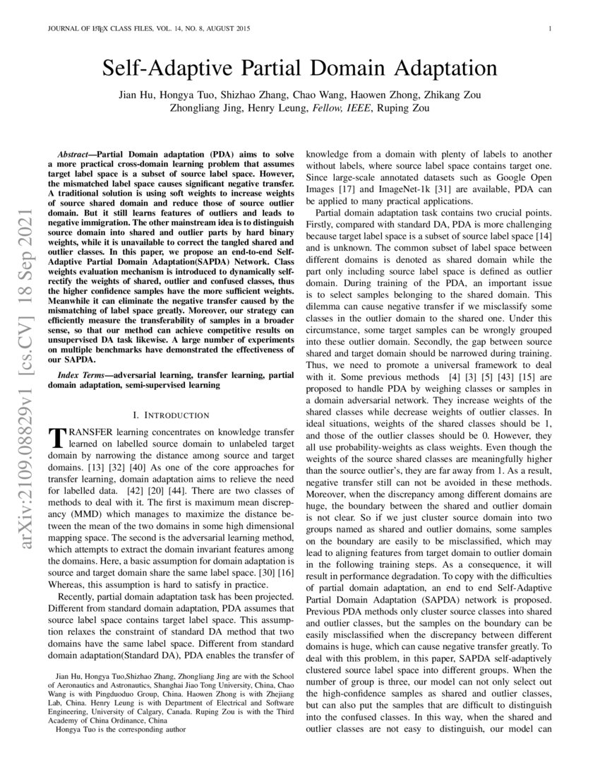Self-Adaptive Partial Domain Adaptation | DeepAI