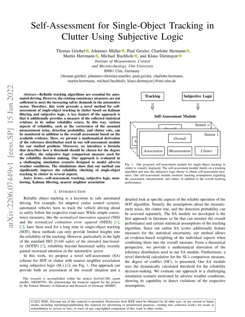 Self Assessment For Single Object Tracking In Clutter Using Subjective