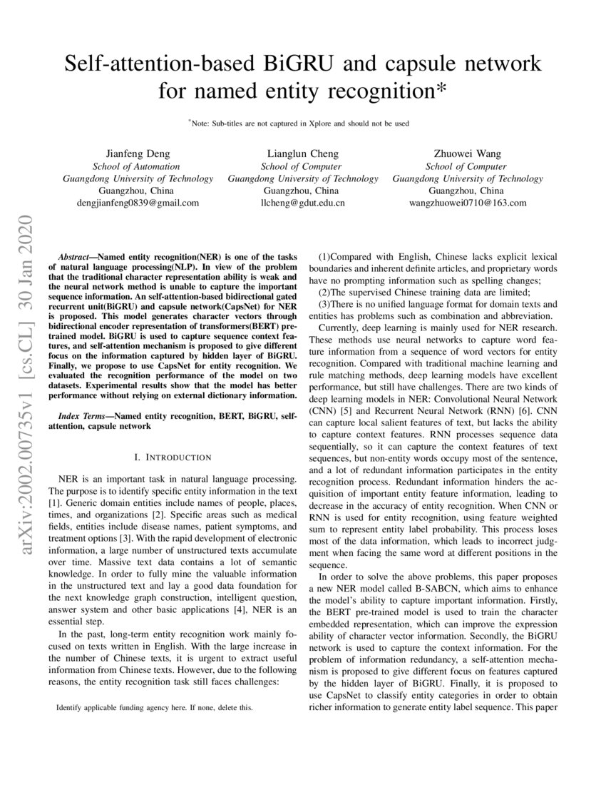 Self Attention Based Bigru And Capsule Network For Named Entity Recognition Deepai