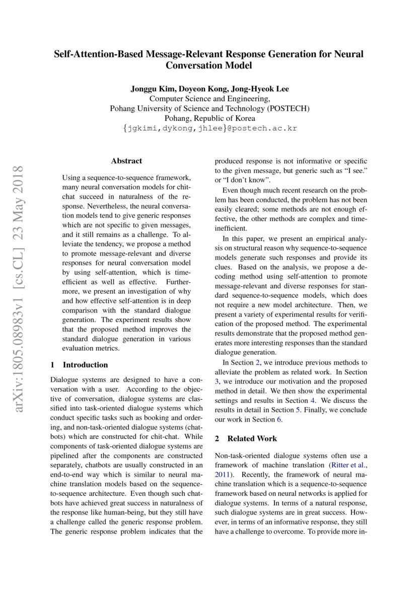 Self Attention Based Message Relevant Response Generation For Neural Conversation Model Deepai