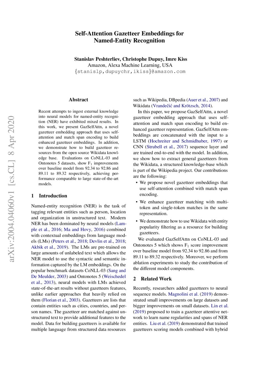 Self-Attention Gazetteer Embeddings for Named-Entity Recognition | DeepAI