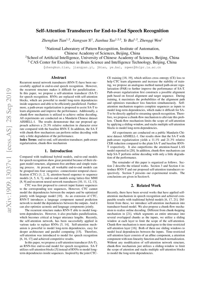 Self-Attention Transducers for End-to-End Speech Recognition | DeepAI