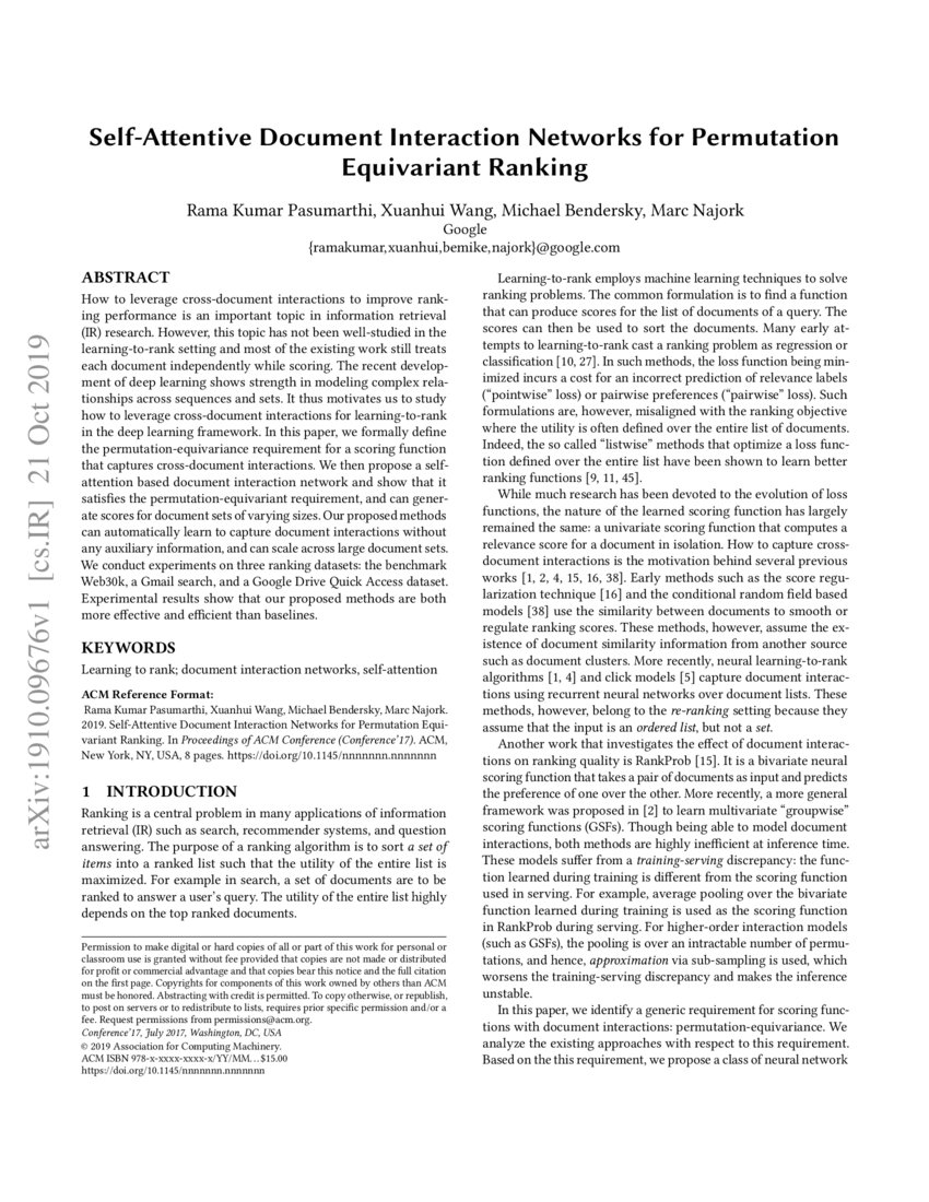 Self Attentive Document Interaction Networks For Permutation Equivariant Ranking Deepai