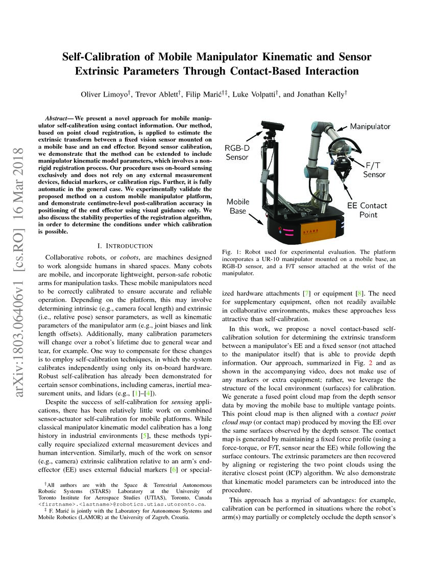 Self-Calibration of Mobile Manipulator Kinematic and Sensor Extrinsic Parameters Through Contact ...