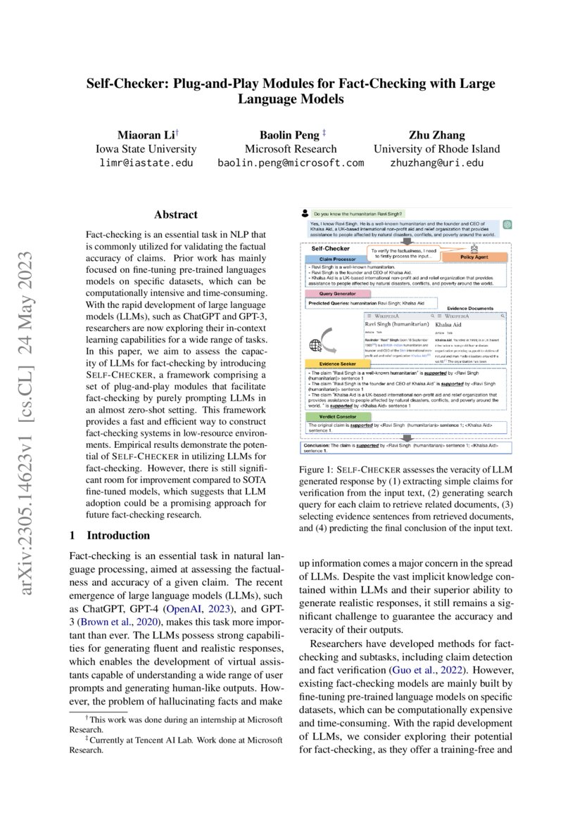 Self Checker Plug And Play Modules For Fact Checking With Large Language Models Deepai