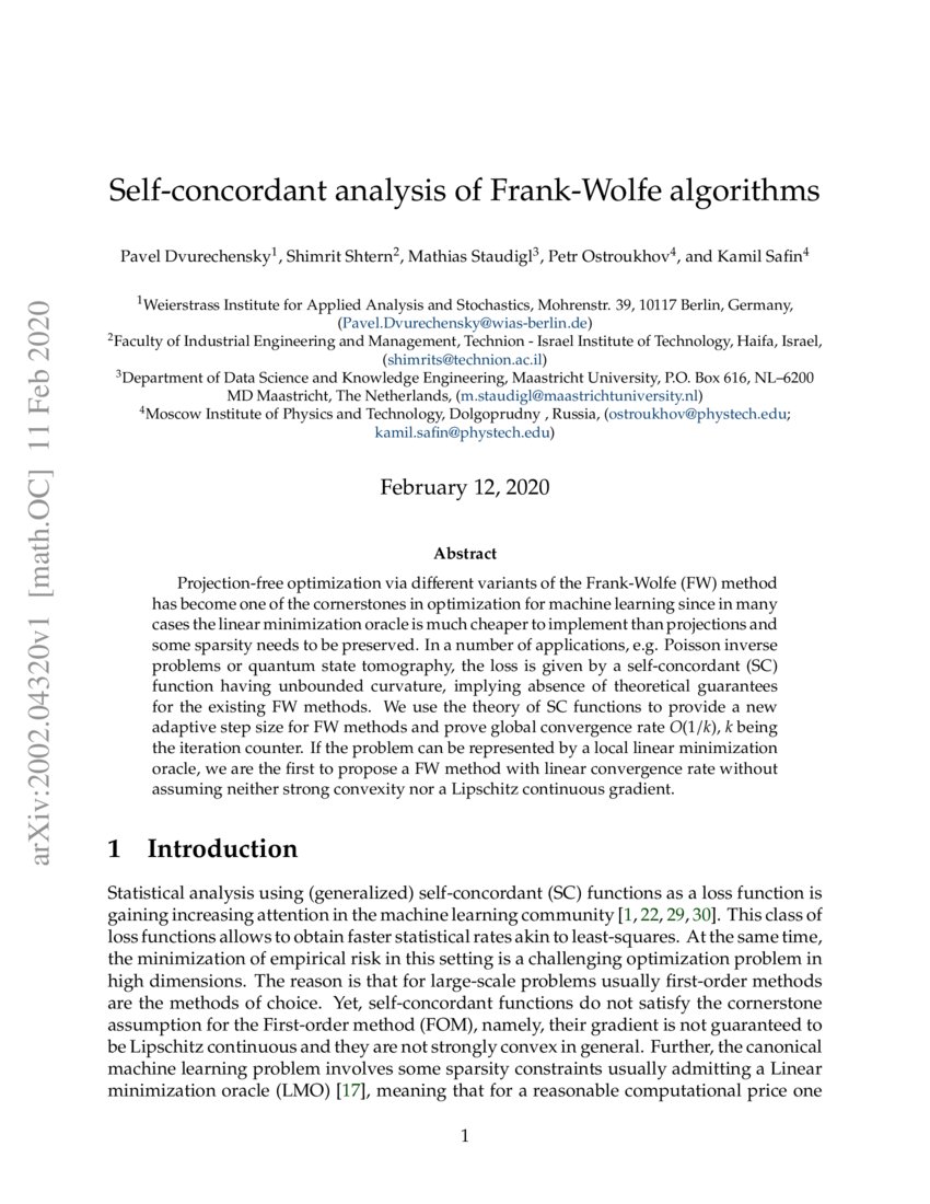 Self Concordant Analysis Of Frank Wolfe Algorithms Deepai